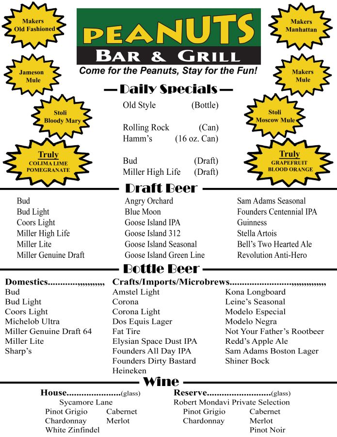 Drink Menu - Peanuts Bar & Grill
